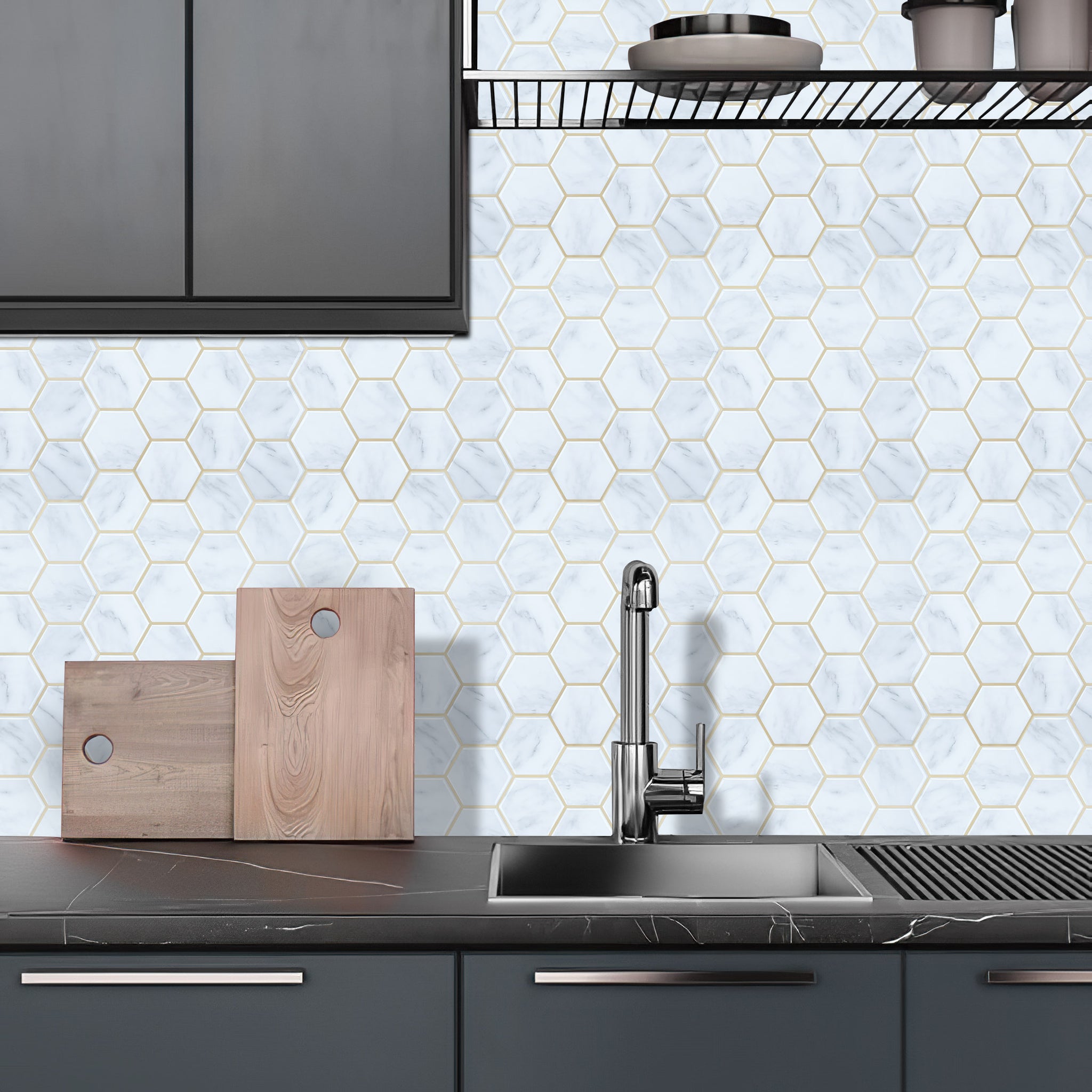 MT1210 - White Carrara Marble hexagon Decals Peel And Stick Backsplash ...